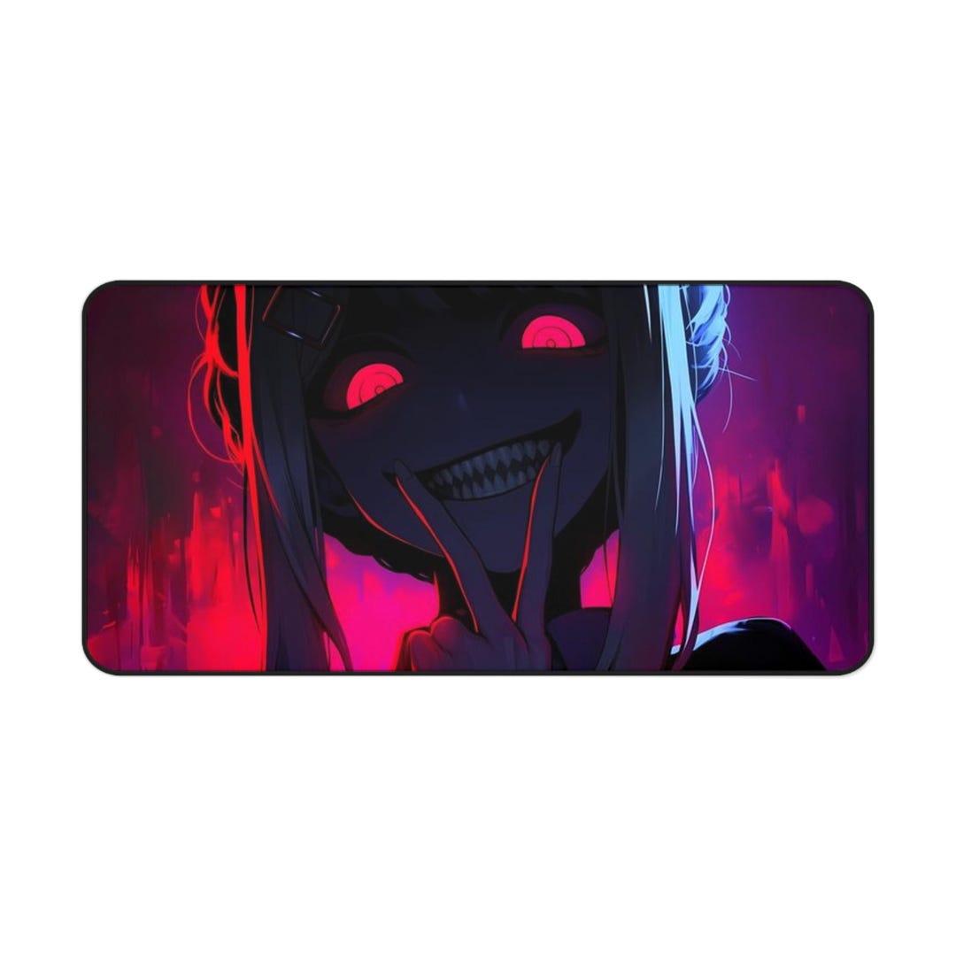 Creepy Smiling Anime Girl Desk Mat | Horror Neon Gaming Mousepad - Etsy