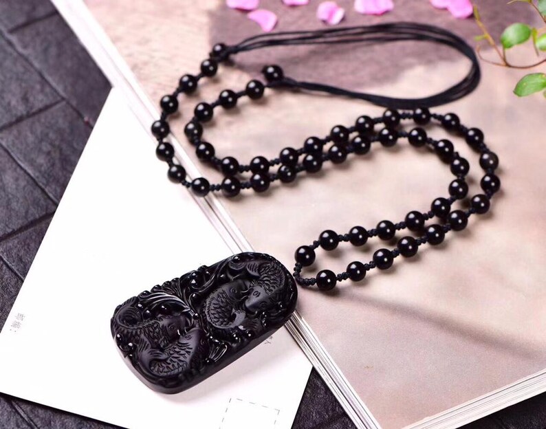 Matte Obsidian Fish Pendant 58x36x9mm•abundance Wealth Protection ...