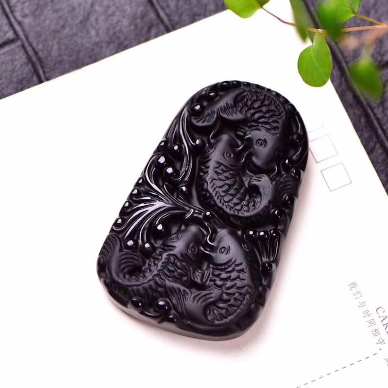 Matte Obsidian Fish Pendant 58x36x9mm•abundance Wealth Protection ...