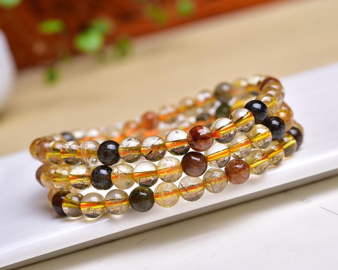 Natural Rainbow Rutilated Quartz 6mm Round Bead Bracelet – Clear ...