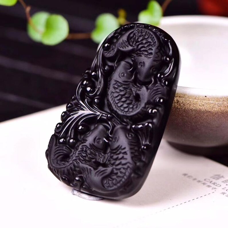Matte Obsidian Fish Pendant 58x36x9mm•abundance Wealth Protection ...