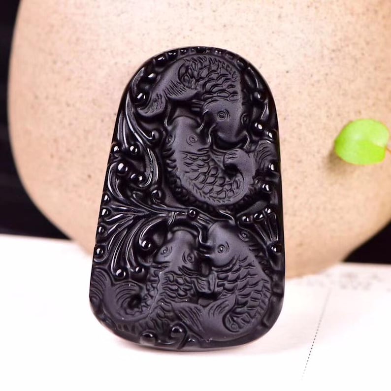 Matte Obsidian Fish Pendant 58x36x9mm•abundance Wealth Protection ...