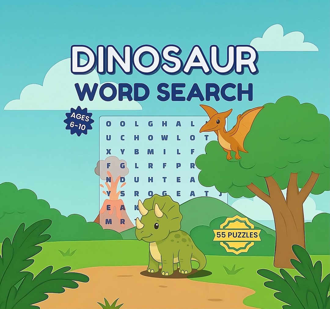 Dinosaur Word Search Printable for Kids Ages 6–10 - 55 Fun Puzzles PDF ...