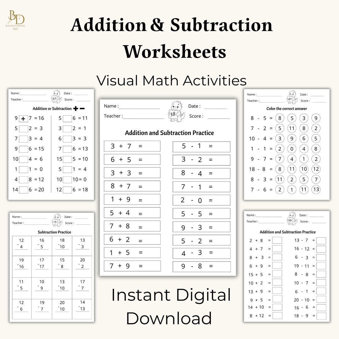 Addition & Subtraction Worksheets 0–20 Printable Math for Kindergarten ...