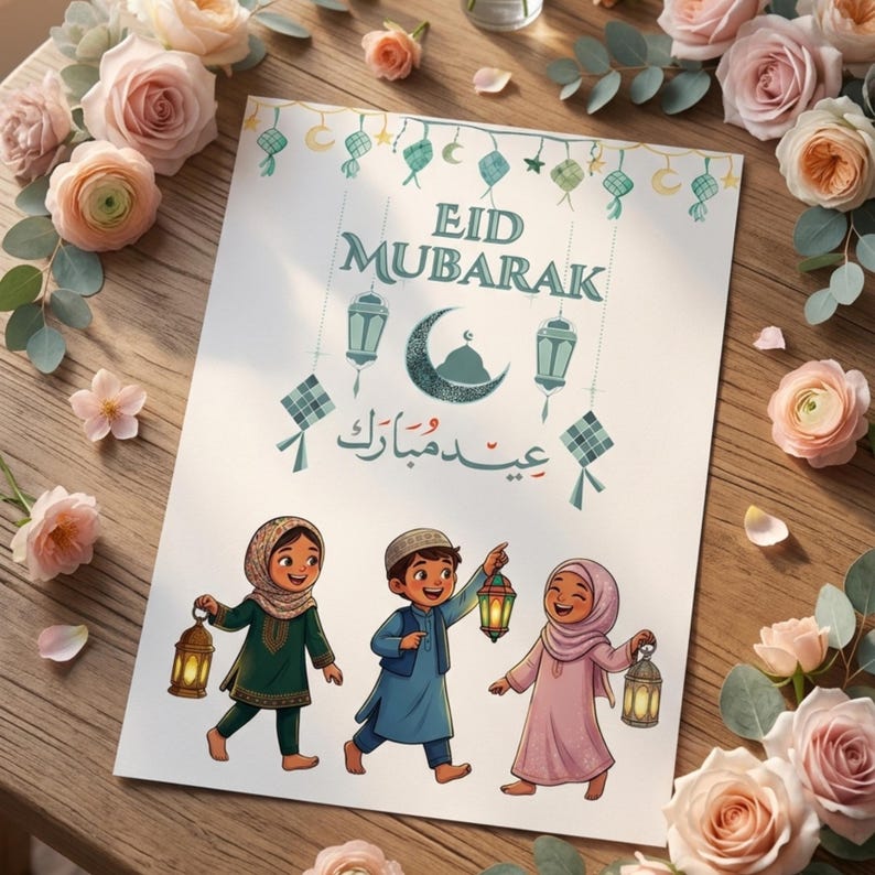 Islamic Eid Mubarak Greeting Bundle, Mosque Lantern Crescent Designs ...