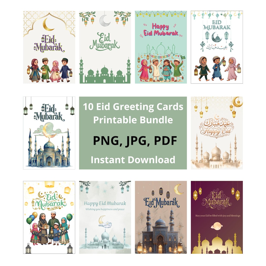 Islamic Eid Mubarak Greeting Bundle, Mosque Lantern Crescent Designs ...