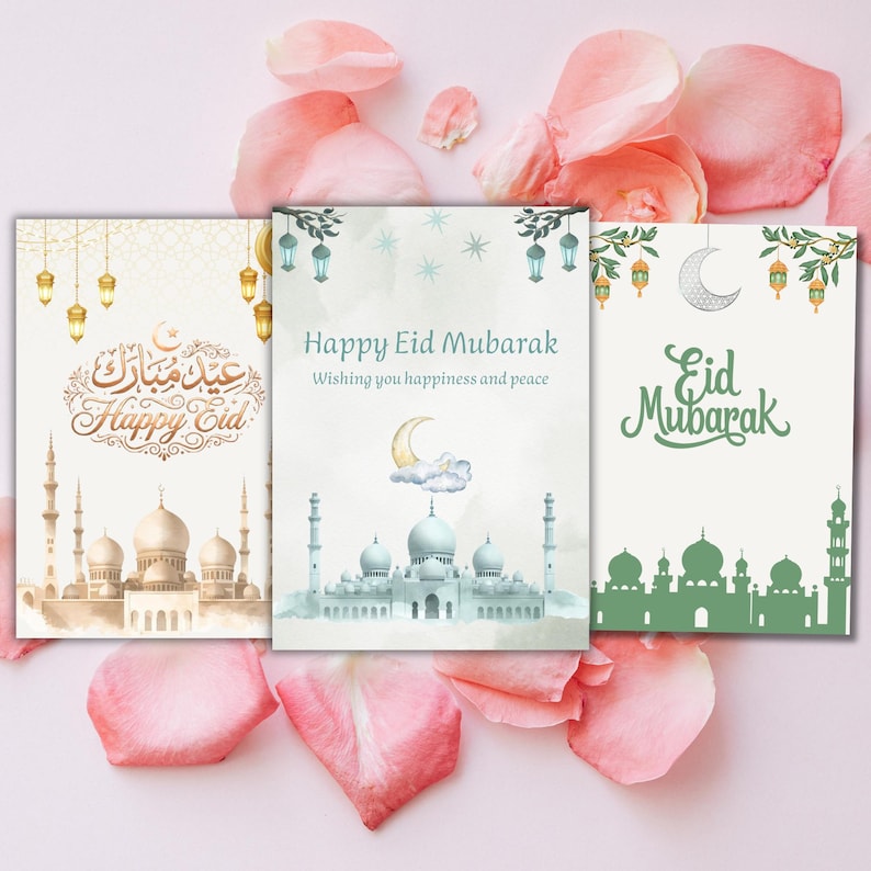 Islamic Eid Mubarak Greeting Bundle, Mosque Lantern Crescent Designs ...