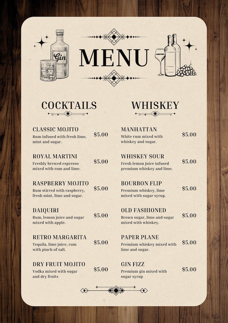 Vintage Bar Menu Template, Rustic Cocktail Sign (digital Download) - Etsy