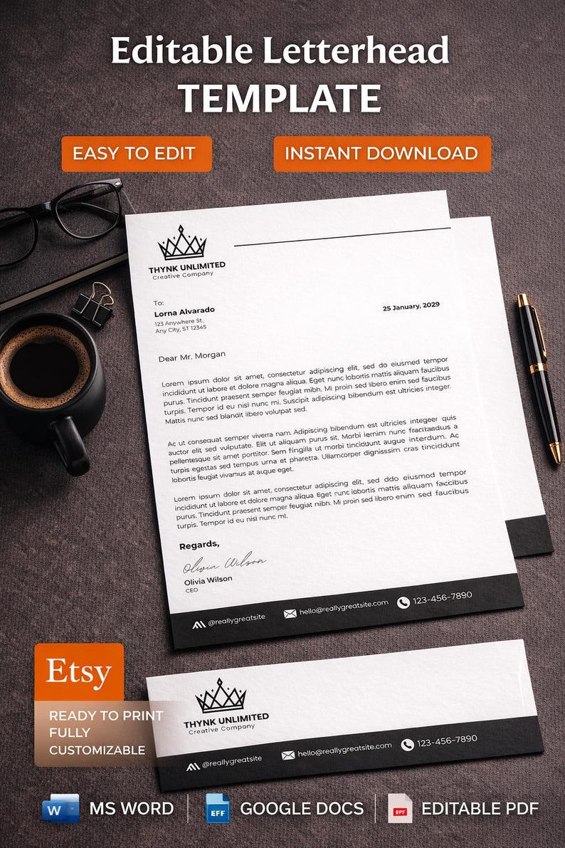 Editable Business Letterhead Template, Corporate Design (word, Google ...