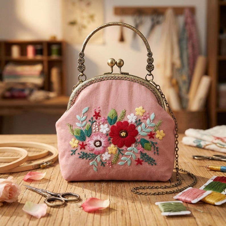 Floral Embroidery Purse Kit: Vintage Kiss Lock Bag DIY Craft - Etsy Canada
