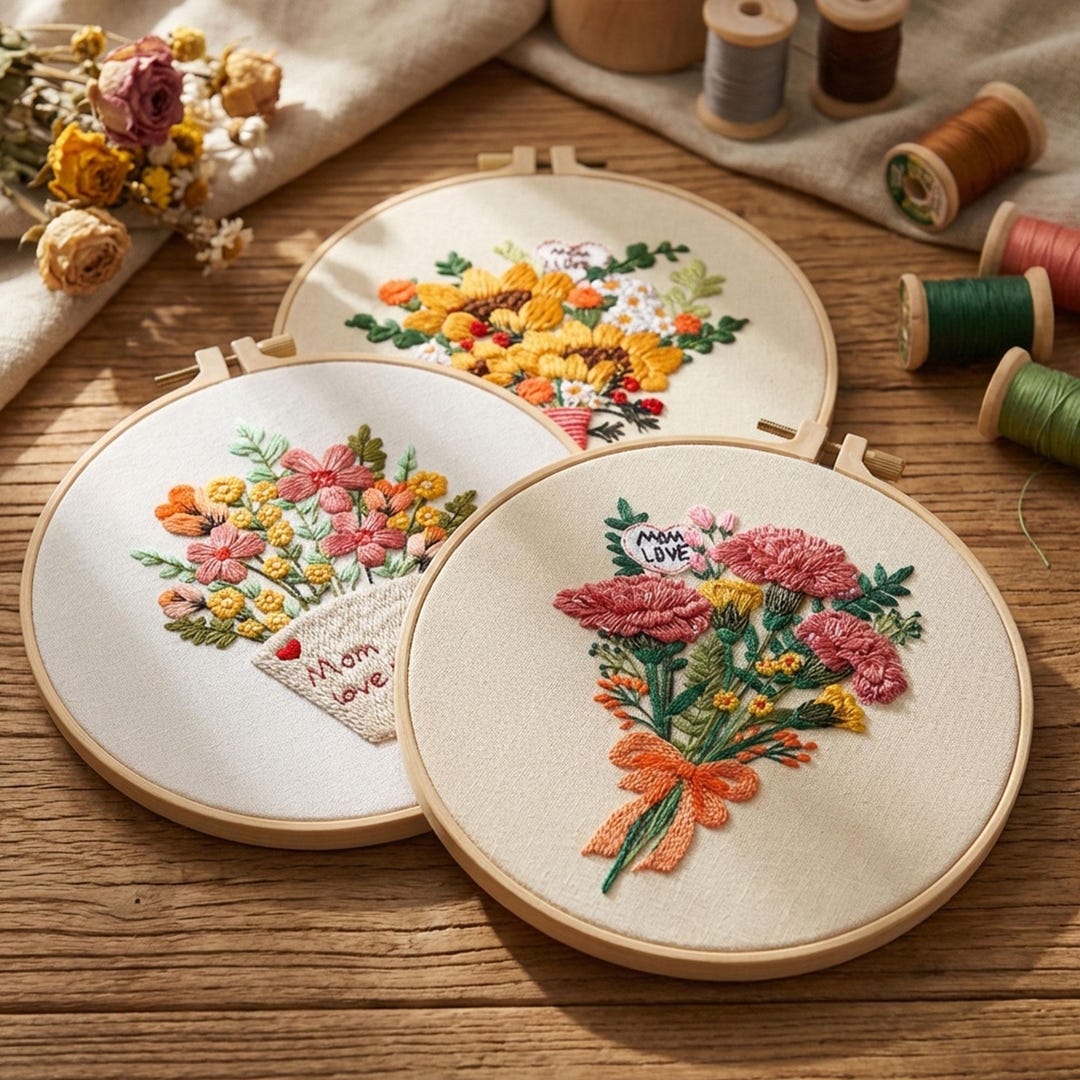 Floral Embroidery Kit, Mother’s Day Hoop Art, DIY Beginner Flower Craft ...
