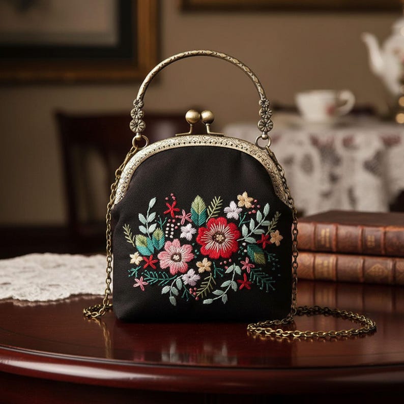 Floral Embroidery Purse Kit: Vintage Kiss Lock Bag DIY Craft - Etsy Canada