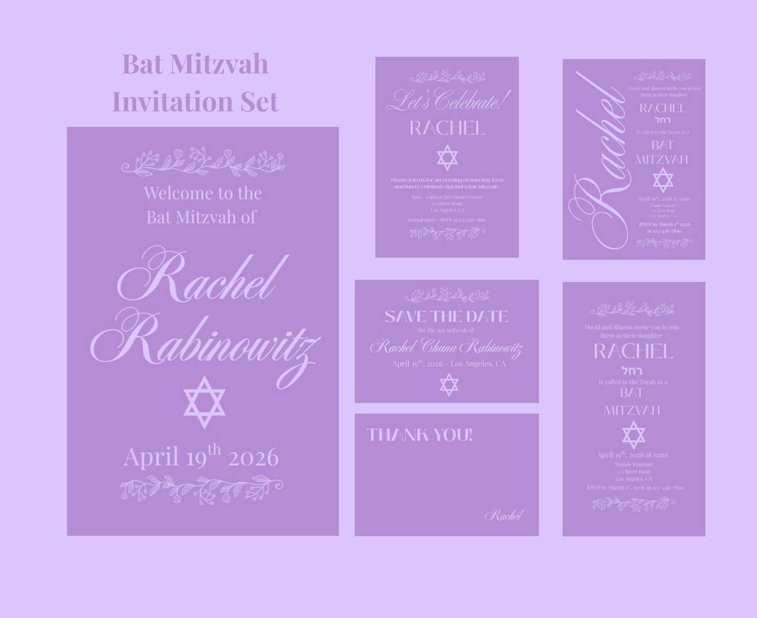 Bat Mitzvah Invitation Editable Template Bat Mitzvah Invitation Set ...