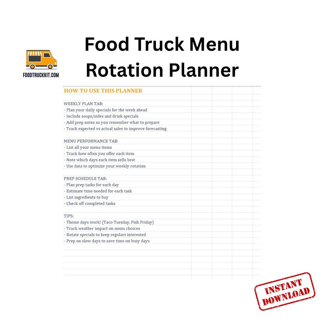 Food Truck Menu Planner 2026 | Weekly Specials Rotation | Restaurant ...
