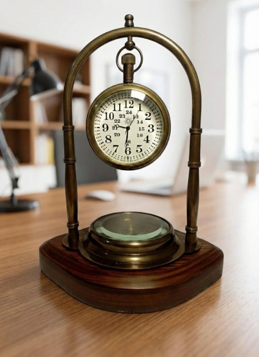 Victorian Style Antique Brass Desk Clock With Working Compass | Vintage ...