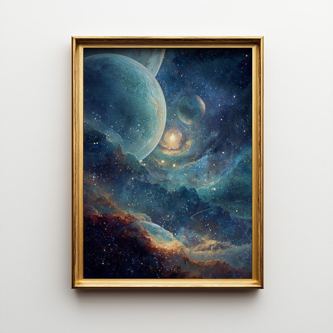 Cena espacial com planetas azuis e nebulosas, arte de ficção científica ...