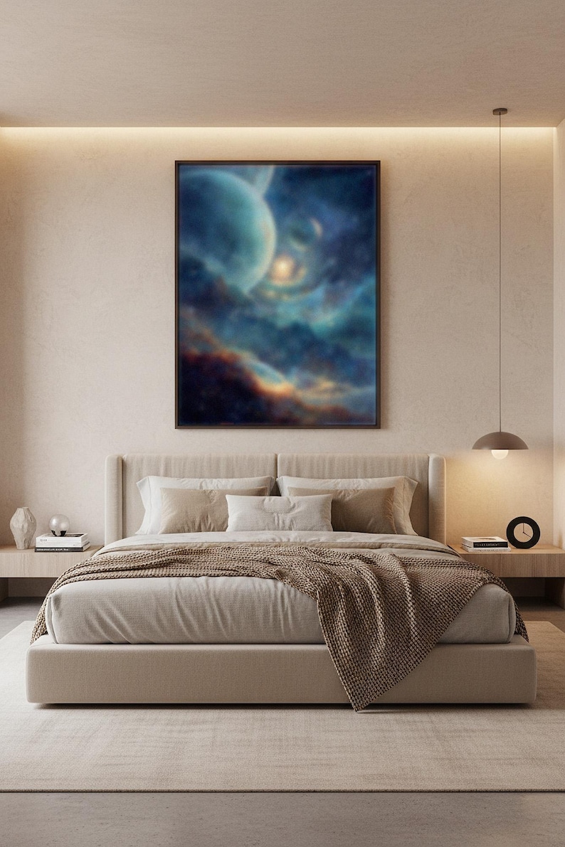 Cena espacial com planetas azuis e nebulosas, arte de ficção científica ...