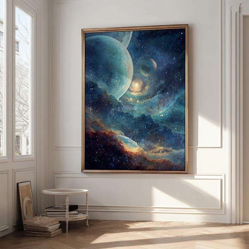 Cena espacial com planetas azuis e nebulosas, arte de ficção científica ...