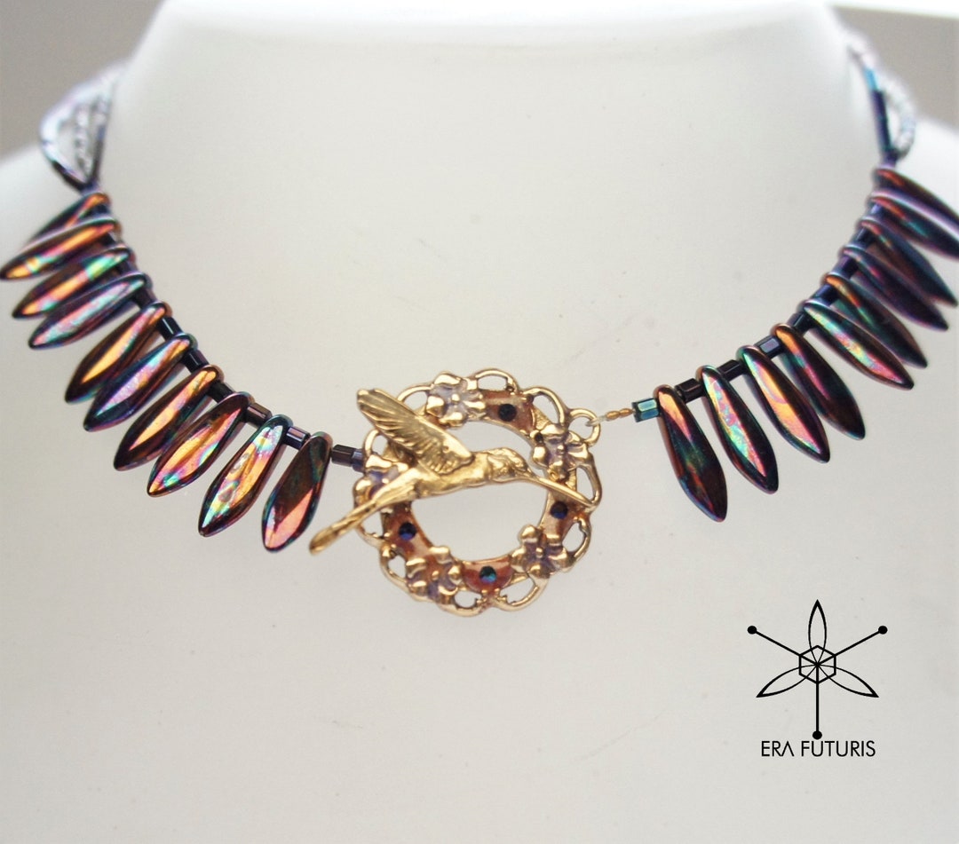 Purple Colibri Bird Spike Pectoral Bib Necklace in Art Nouveau Style - Etsy