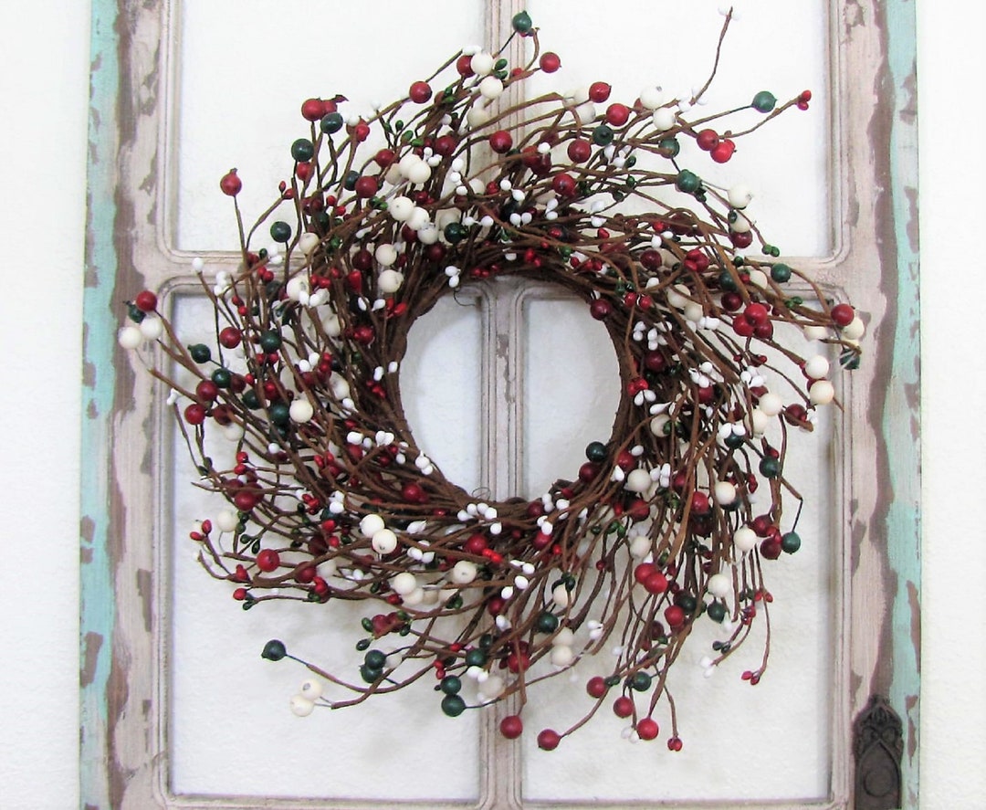 Red Ivory Green Berry Wreath - Everyday Wreath or Candle Ring - Country ...