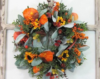 Small Fall Wreath/ Cabinet Wreath/ Pumpkins/ Harvest/ Home Decor ...