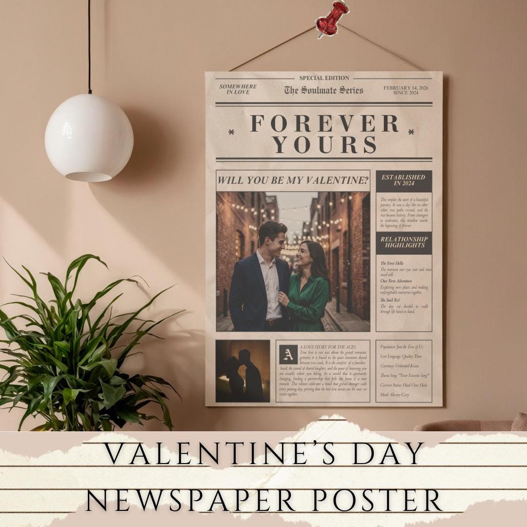 Valentine’s Day Newspaper Style Poster | Romantic Love Wall Art ...