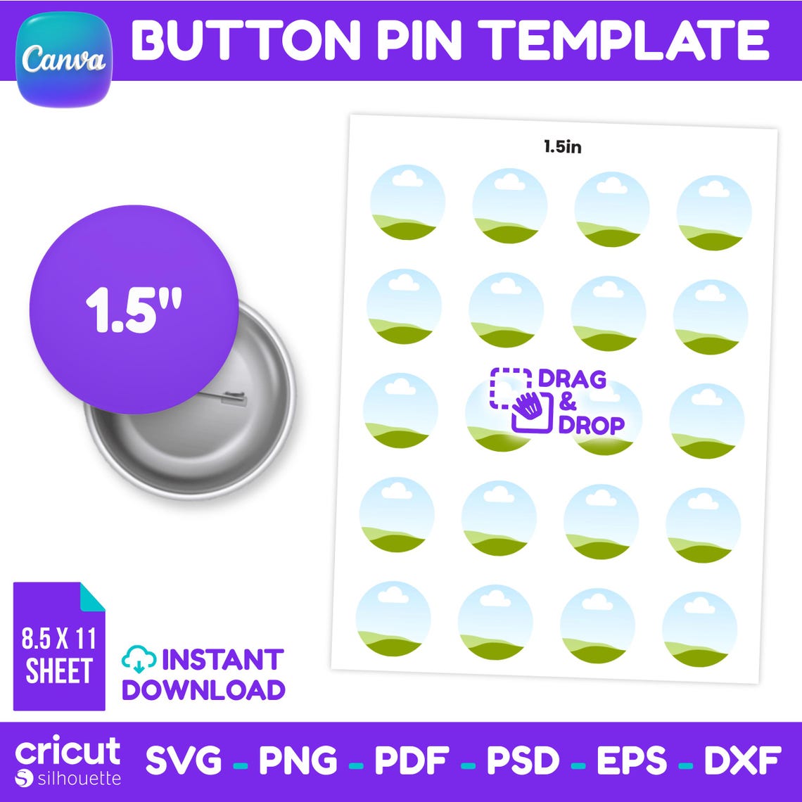 1.5 Inch Button Pin Template Canva Editable Round Badge Design (svg ...