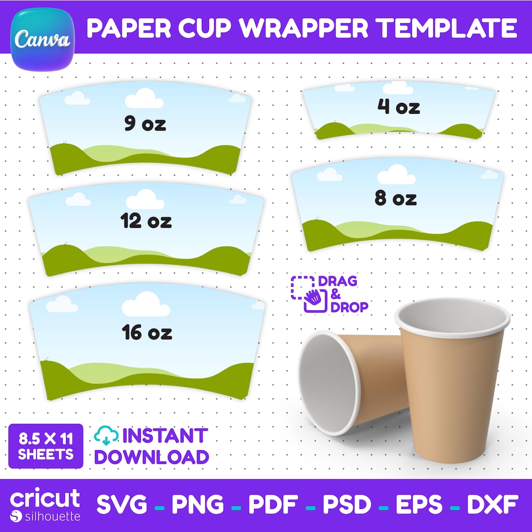 Paper Cup Wrapper Template Bundle, 5 Sizes, Drag & Drop, Editable Canva ...