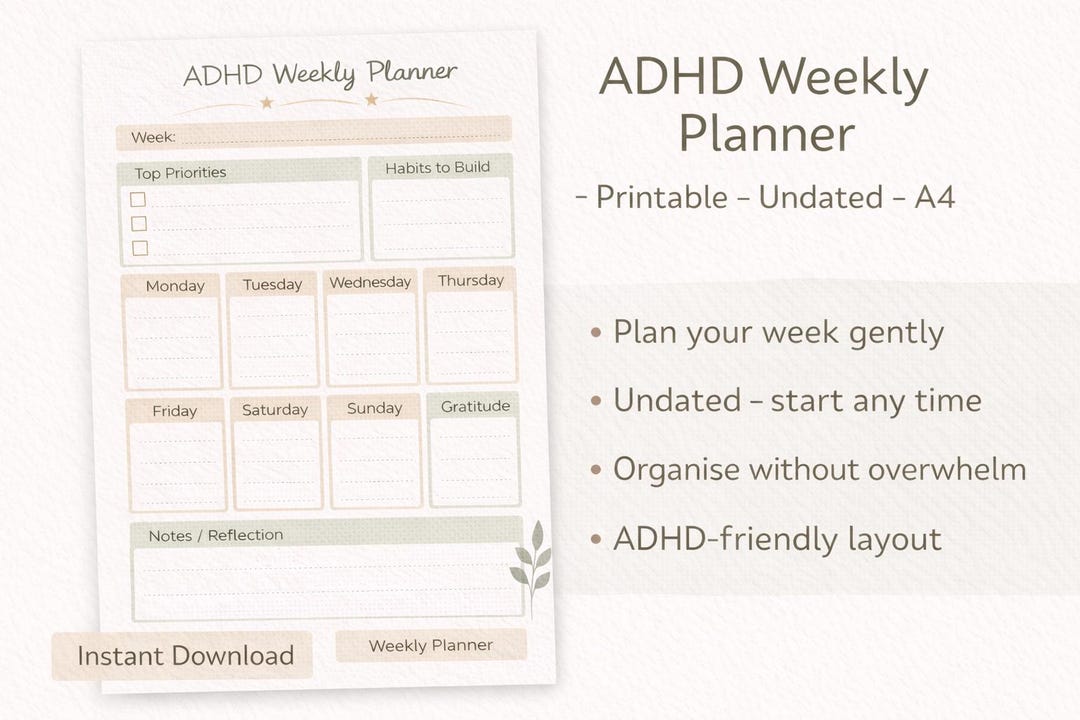 ADHD Weekly Planner Printable | Simple Weekly Overview | Undated ...