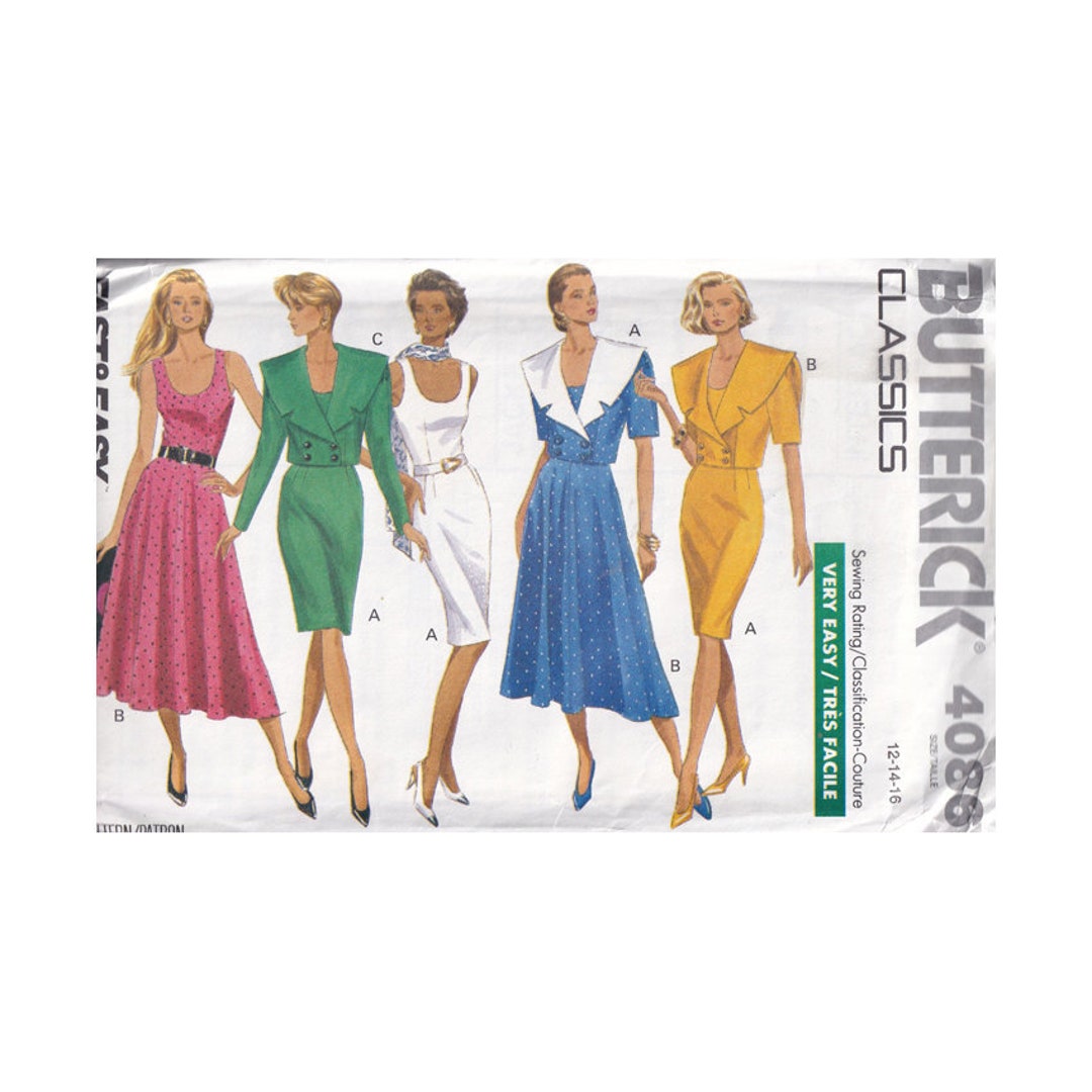 80s Easy Dress and Jacket Pattern Butterick 4086 Bust 34 to 38 Scoop ...
