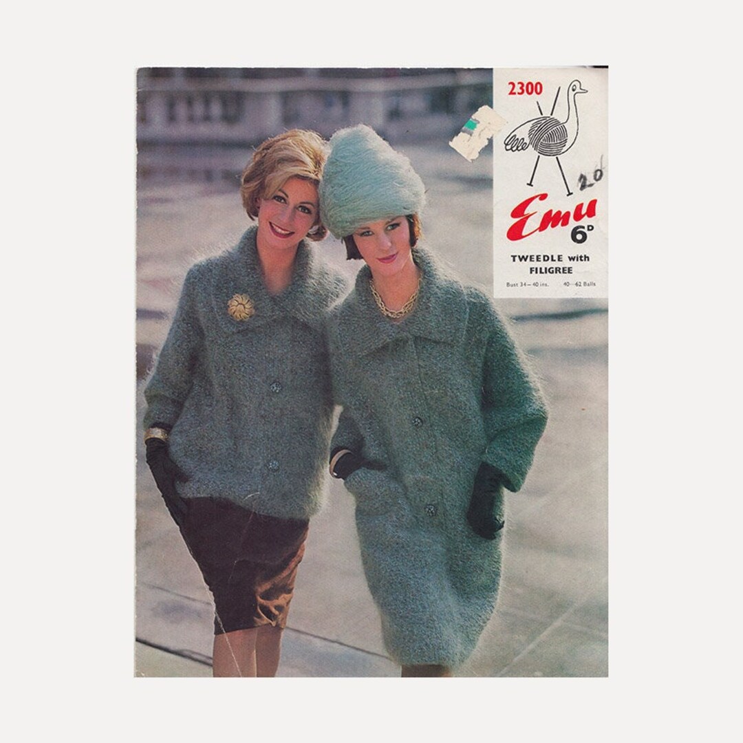 50s Emu Knitting Pattern 2300 Mohair Coat, Jacket and Beehive Hat Bust ...