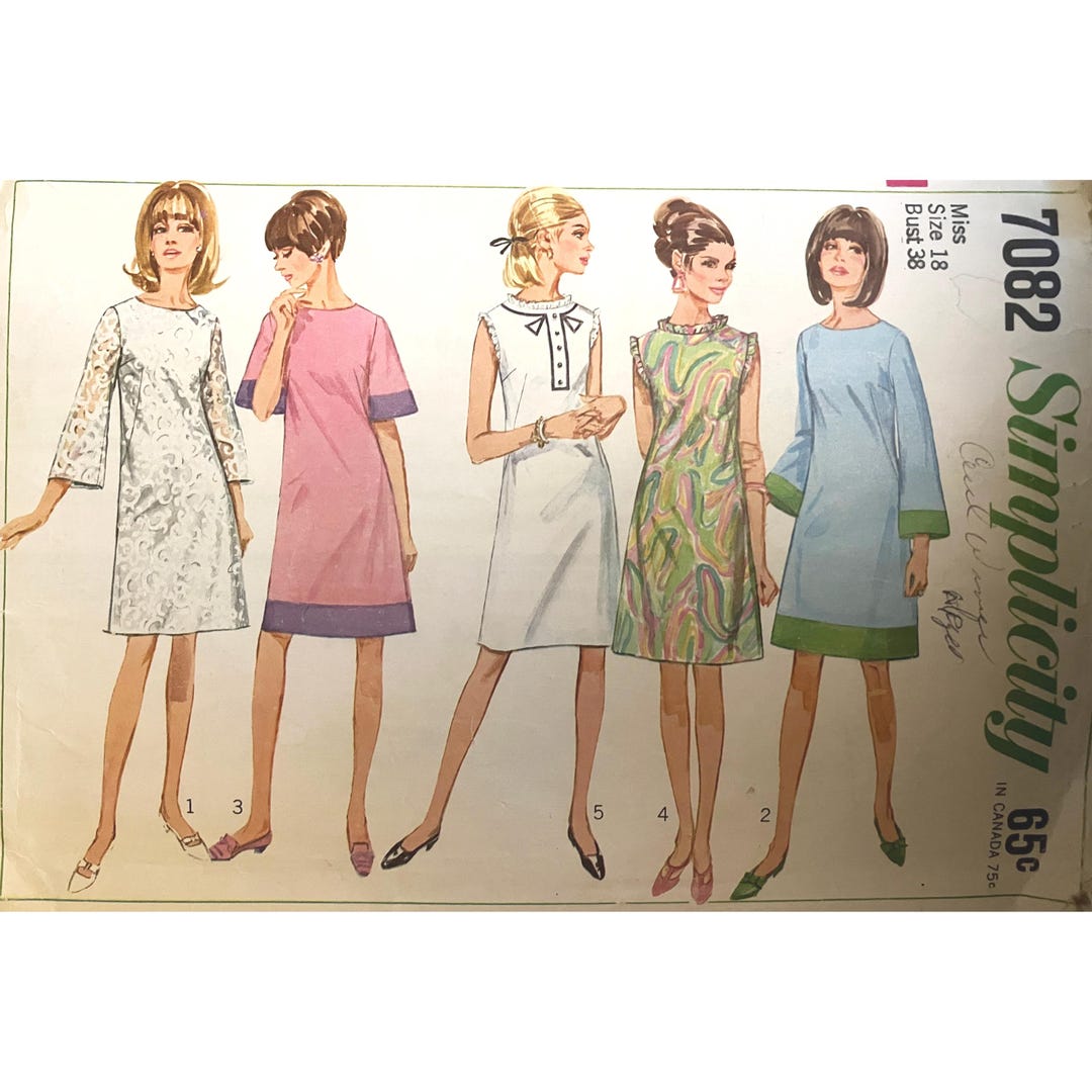 60s A-line Shift Dress Pattern Simplicity 7082 Size 18 Bust 38 Sleeve ...