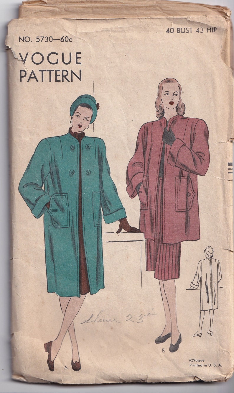 1940s Vogue Easy Coat Sewing Pattern 5730 Bust 40 Wide Shoulder (uncut ...
