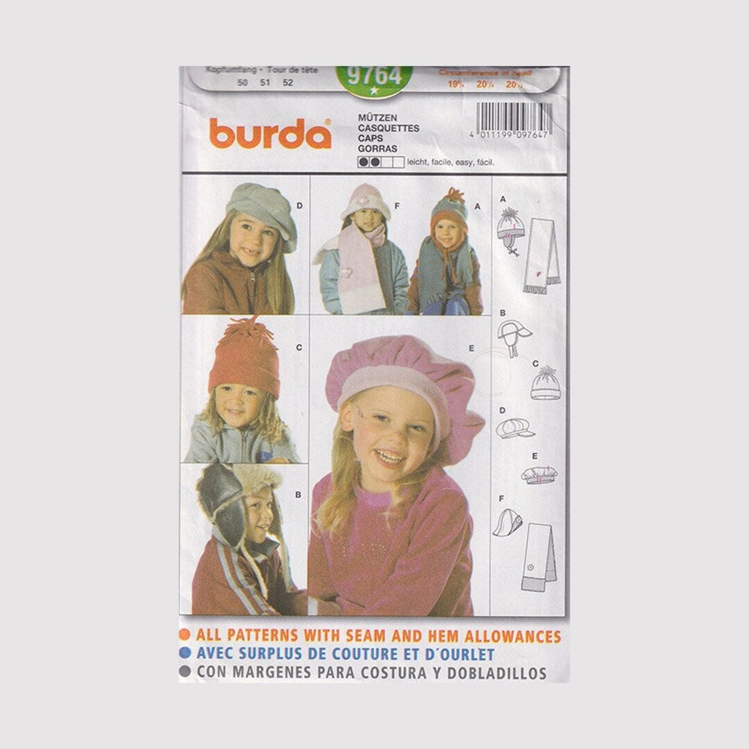 Childrens Hats in 6 Styles and Scarves Burda Pattern 9764 Sizes 19 3/4 ...