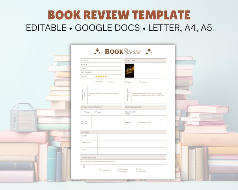 Editable Book Review Template, Reading Journal Inserts (digital ...