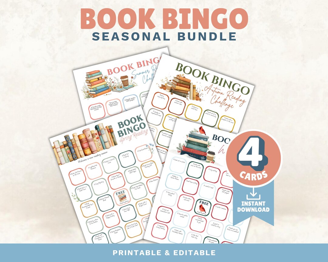 Seasonal Book Bingo Bundle, Printable Reading Challenge Tracker for ...