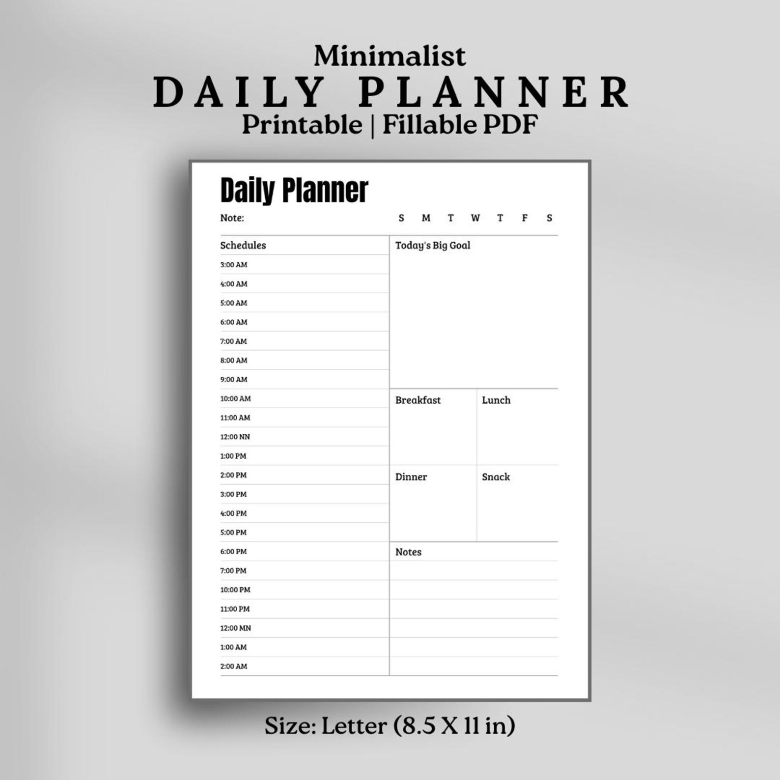 Minimalist Daily Planner | Printable | Fillable - Etsy
