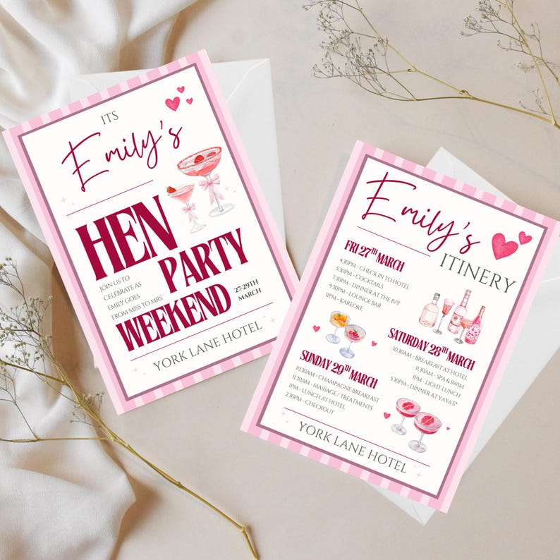 EDITABLE Hen Party Invitation & Itinerary Template, Pink Bachelorette ...