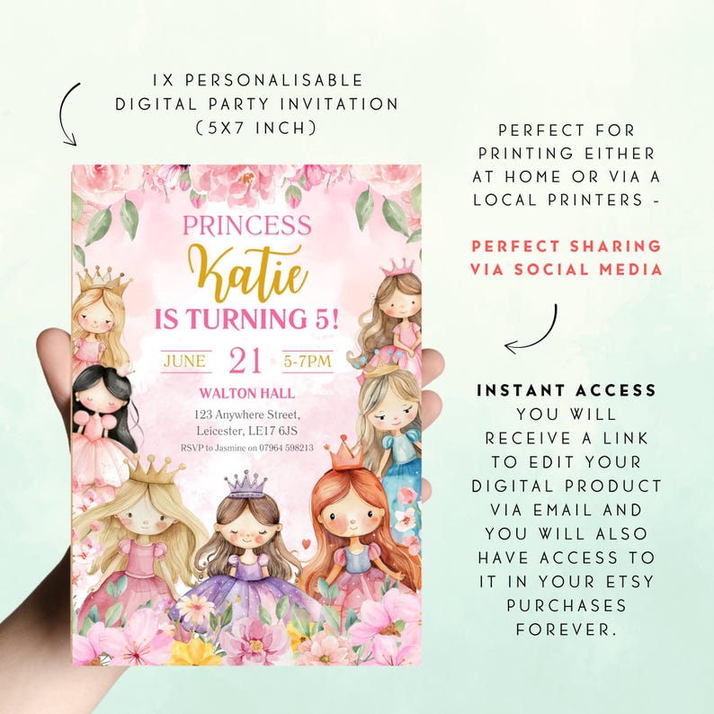 EDITABLE Princess Birthday Invitation, Pink Floral Princess Party ...