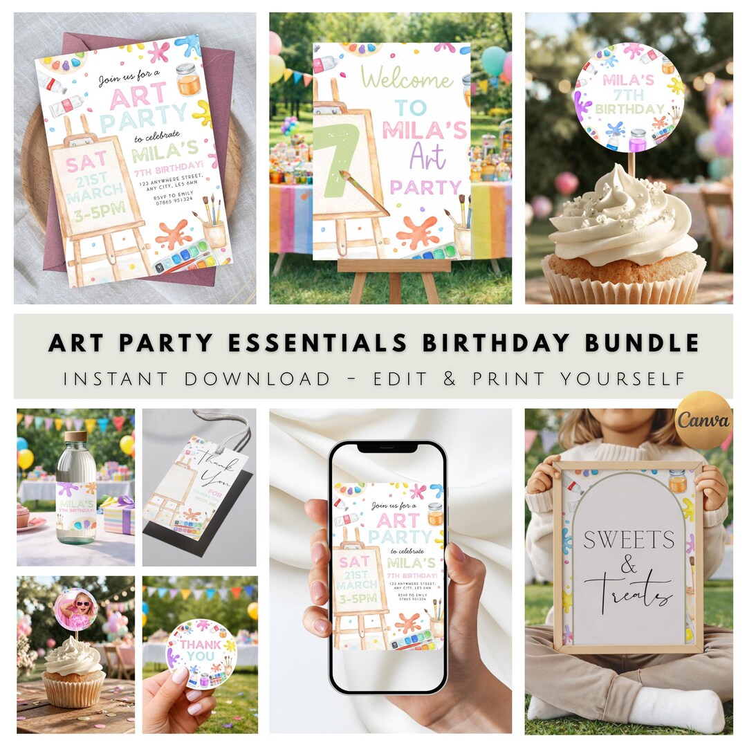 Editable Art Party Birthday Bundle - Kids Painting Essentials Birthday ...