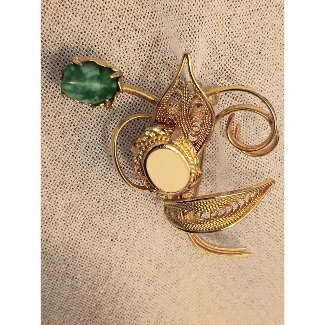 Vintage Designer Brooch - Gilt Metal Filigree With Green & White ...