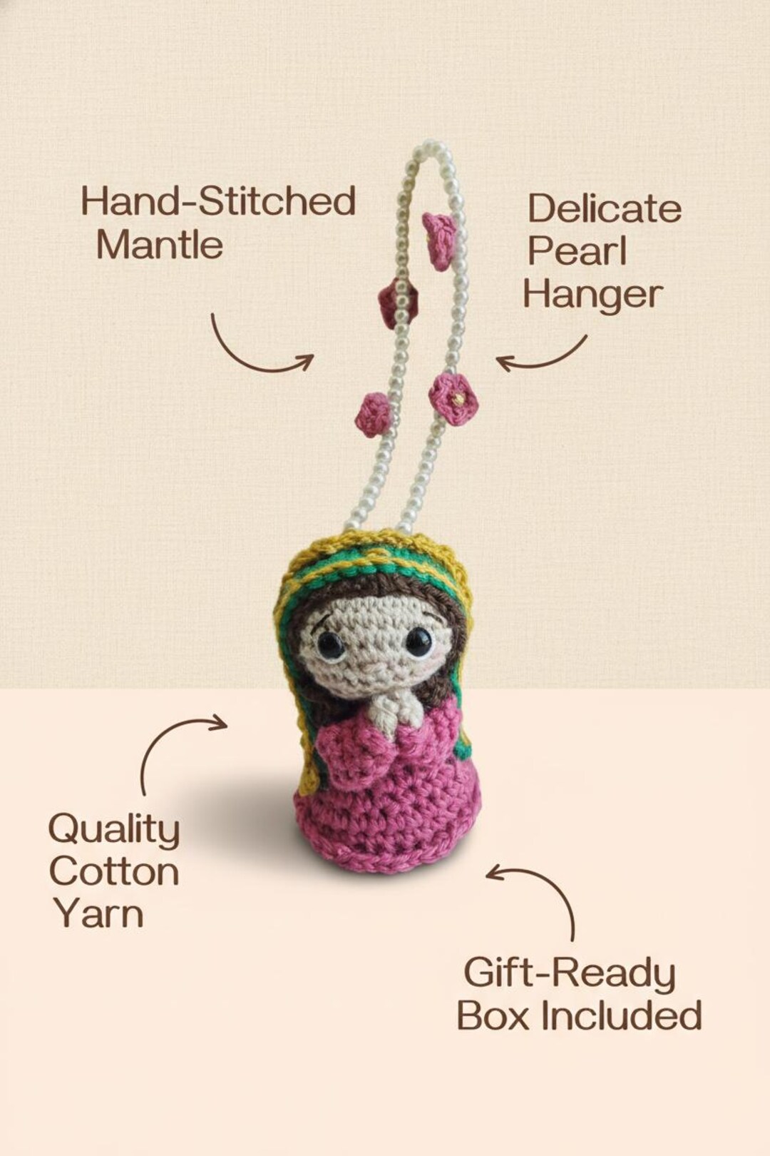 Handmade Virgin Crochet Car Charm in Gift Box - 4-inch Acrylic ...