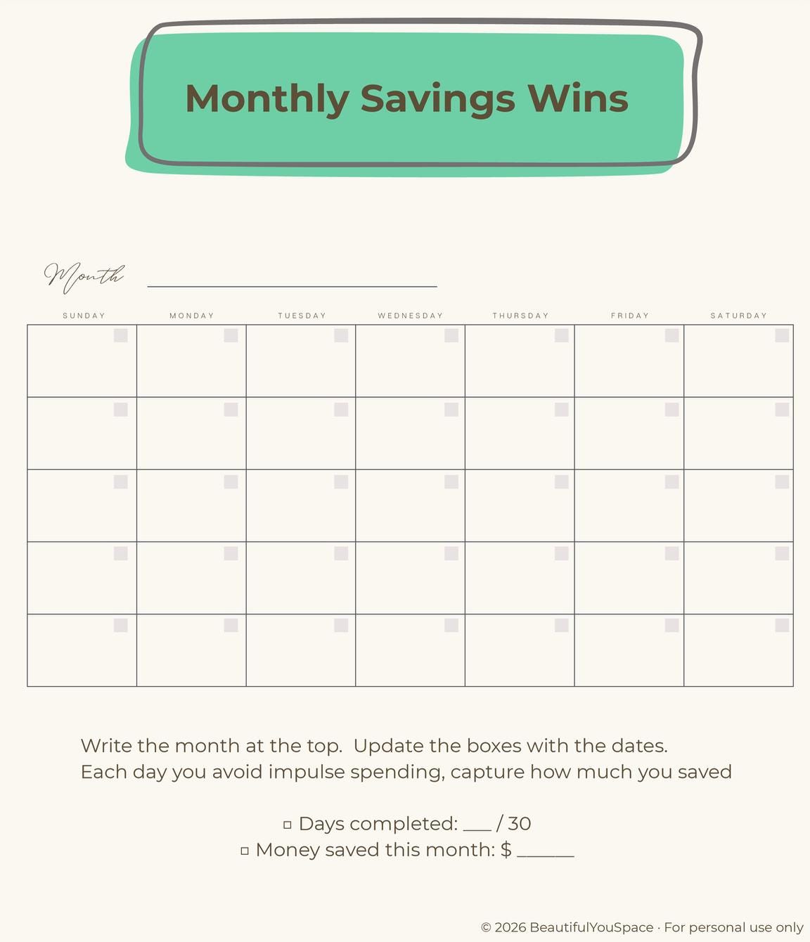 Monthly Savings Wins Tracker Printable | Undated Calendar | No-spend ...