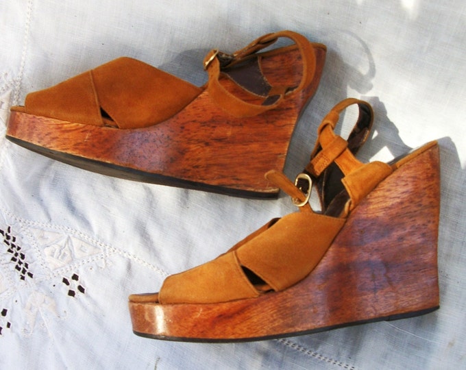 Brown Leather Stacked Wooden Heel Wedges Adjustable Strap - Etsy