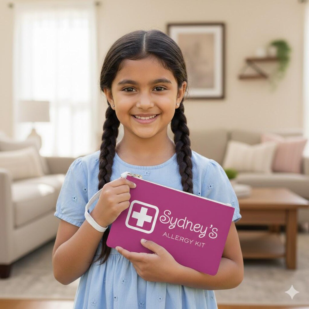 Pink Personalized Allergy Kit Clutch Bag, Medical ID Pouch, Emergency ...