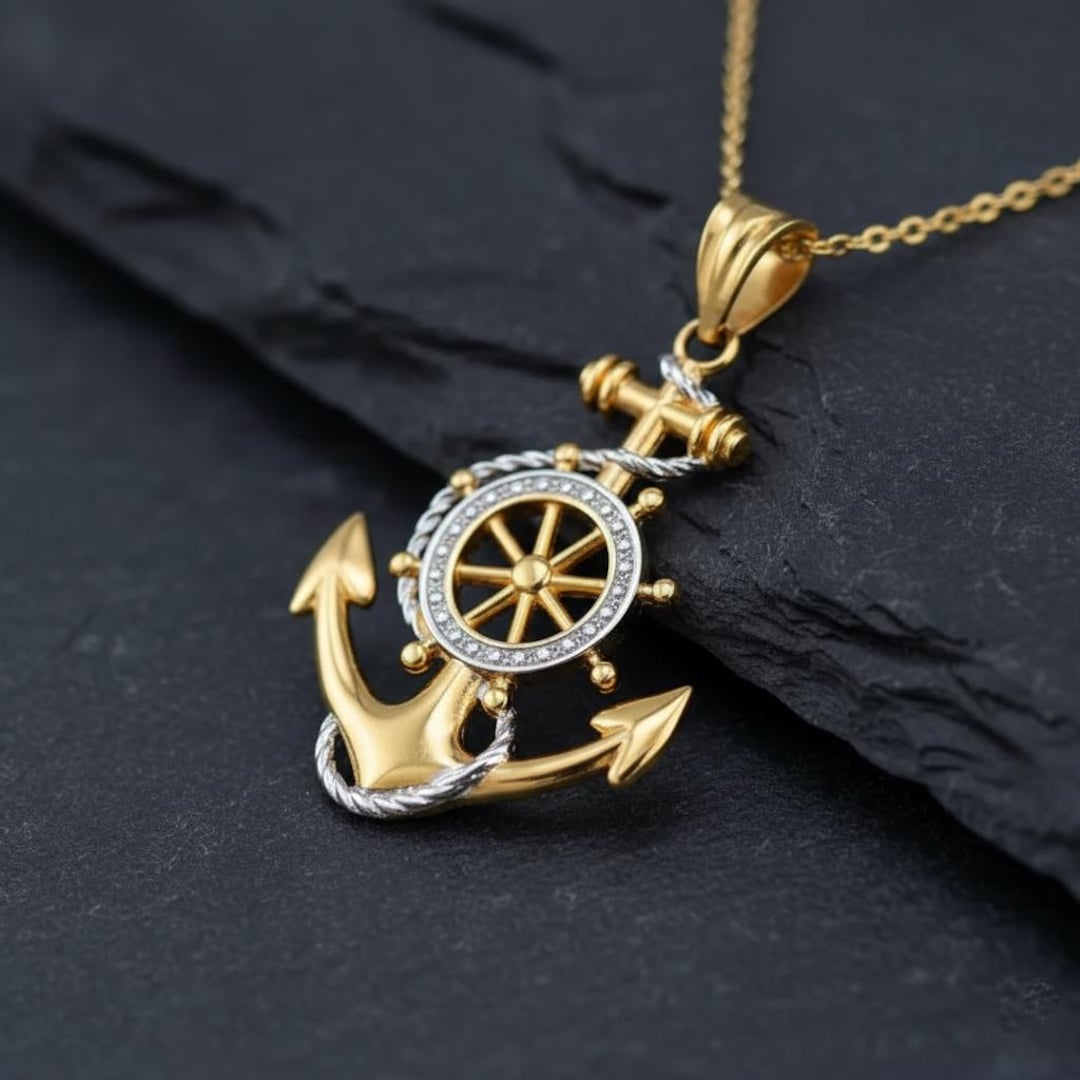 14k Gold Diamond Nautical Anchor Wheel Necklace, Ship Wheel Anchor ...