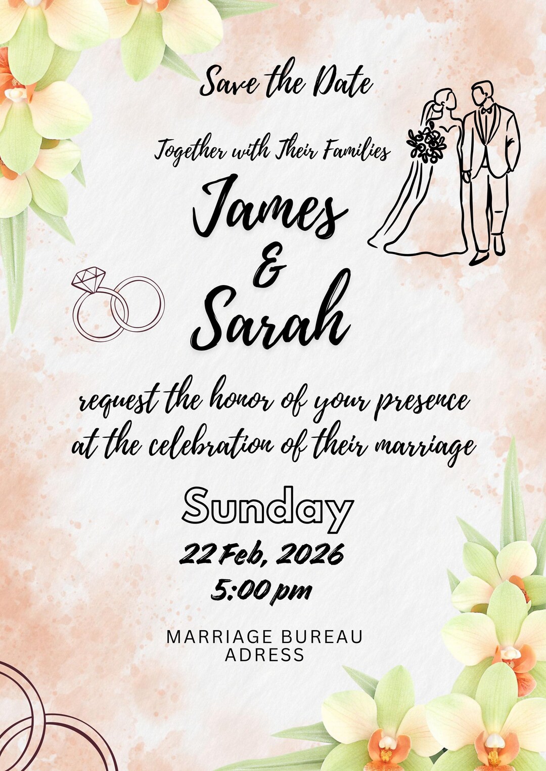 Wedding Invitation Template, James & Sarah Save the Date, Editable ...