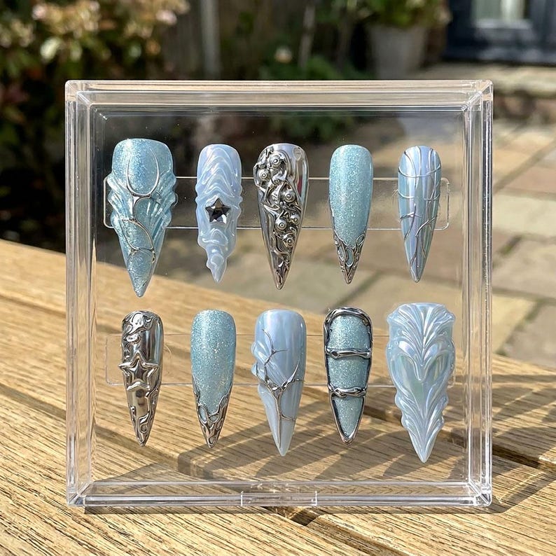 Light Blue Cybercore Press on Nails, Silver Metallic 3D Art Nails ...