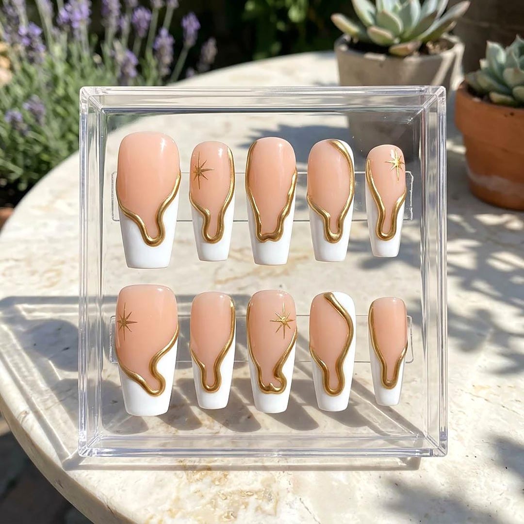 Celestial Gold Drip Press on Nails | Nude and White Abstract 3D Chrome ...