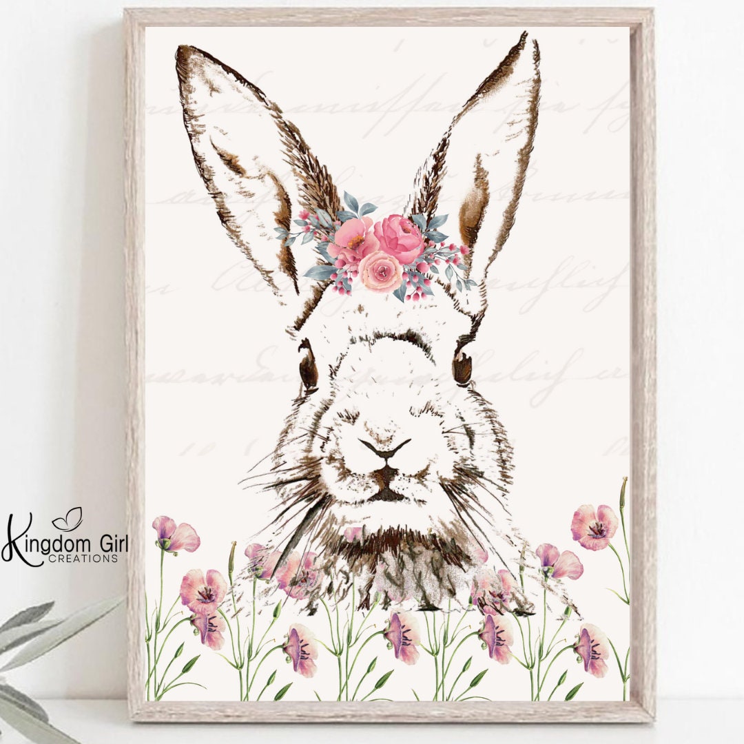 Printable Vintage Easter Rabbit Face With Flowers, Download, Easter ...